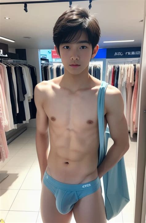 Beautiful Boy、shirtless Boy、micro Light Blue Thong、shopping Mall