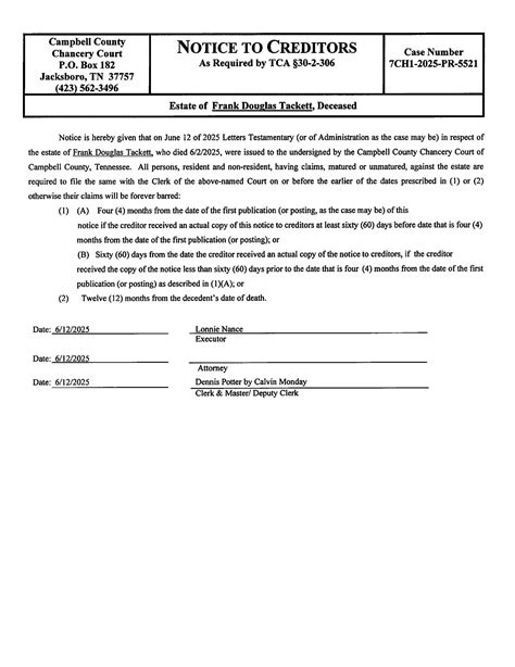 Notice Given In Estate Of Frank Douglas Tackett Wlaf