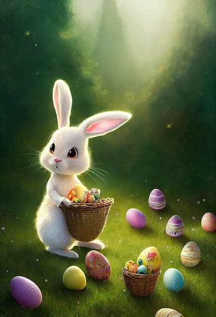 Premium Ai Image White Easter Bunny Collecting Eggs On Green Grass