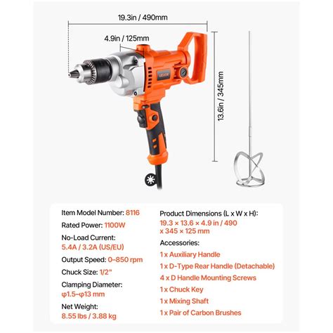 Vevor Drill Mixer 58 Inch Corded Electric Drill Mixer Set 0 850rpm 5