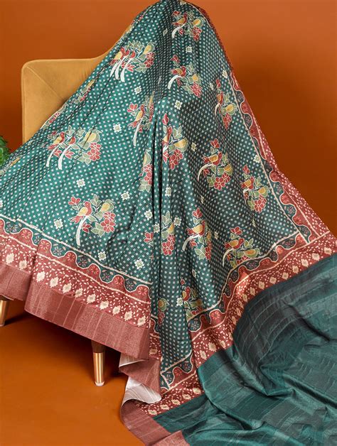 Firozi Color Handloom Kotha Border Digital Printed Saree