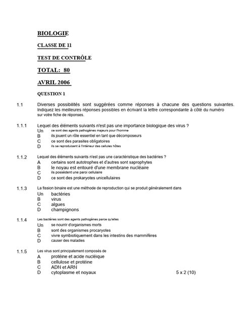 Test De Contrôle En Biologie 11ème Classe Pdf Virus Bactérie