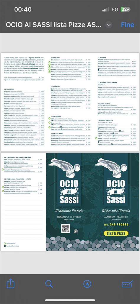 Menu At Ocio Ai Sassi Pizzeria Legnaro