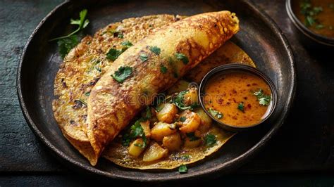 Golden Masala Dosa Savory Potato Crepe South Indian Street Food In