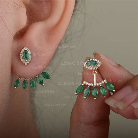 Genuine Emerald Gemstone Ear Jacket Front Back Earrings Natural Si
