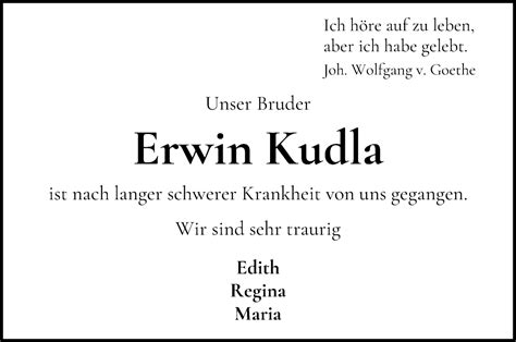 Traueranzeigen Von Erwin Kudla Trauer And Gedenken