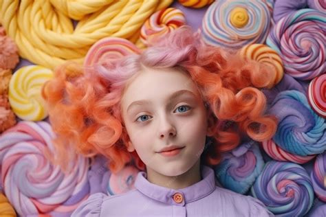 Premium Ai Image Cute Candy Girl With Colorful Hair Laying On A Candy Lollypop Background Ai