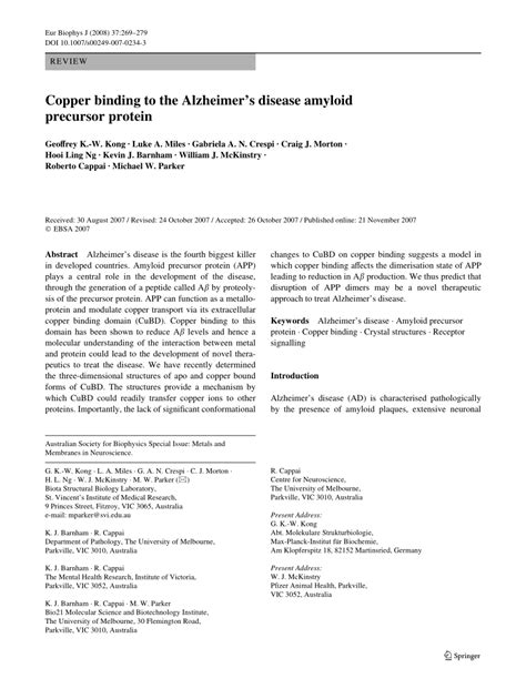 Pdf Copper Binding To The Alzheimers Disease Amyloid Precursor Protein