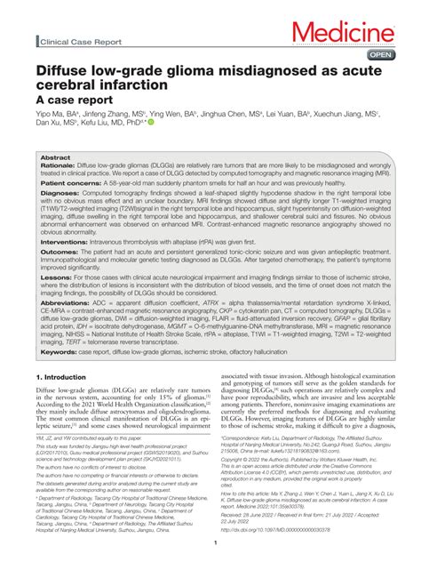 PDF Diffuse Low Grade Glioma Misdiagnosed As Acute Cerebral Infarction A Case Report