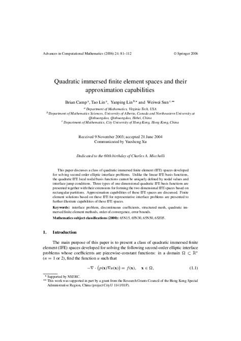 pdf quadratic immersed finite element spaces and their approximation
