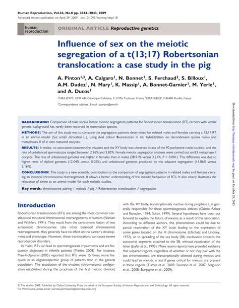 Pdf Influence Of Sex On The Meiotic Segregation Of A T1317 Robertsonian Translocation A
