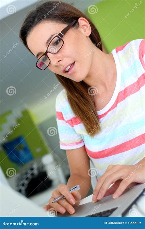 Brunette Woman Working At Home Stock Image Image Of Indoors Internet
