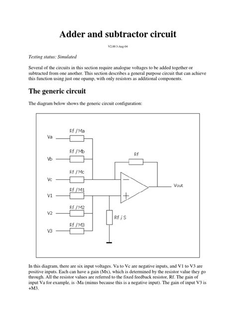 Adder And Subtract Or Circuit Operational Amplifier Resistor Free