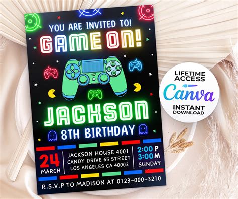 Editable Video Game Birthday Invitation Video Game Invitation Neon