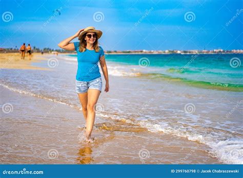 Beautiful Woman Walking On Sunny Beach Santa Maria Sal Island Cape