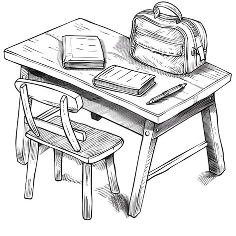 Outline Hand Writing School Table With School Bag And Book On White
