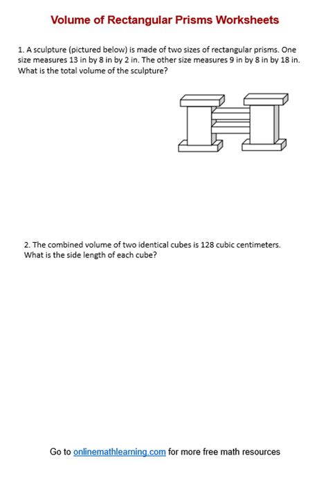 Free Volume Of Rectangular Prism Word Problems Worksheet Download Free