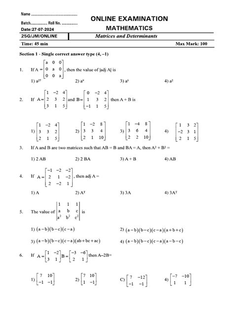 Lt 25 Jee Main Matrices And Determinants 270724 Pdf