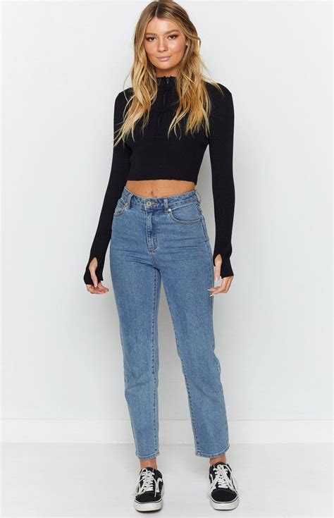 Emza Rib Zip Long Sleeve Crop Black Long Sleeve Cropped Top Outfits