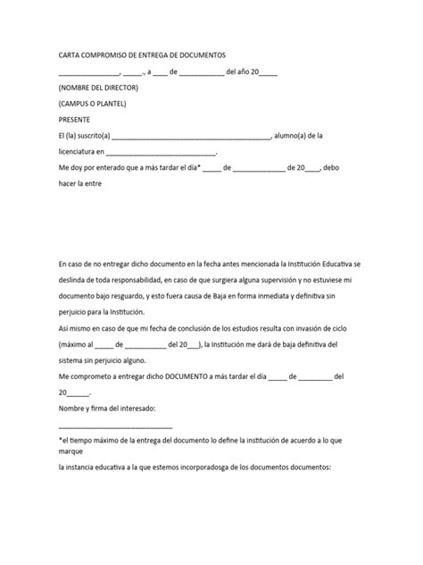 Carta Compromiso De Entrega De Documentos Pdf