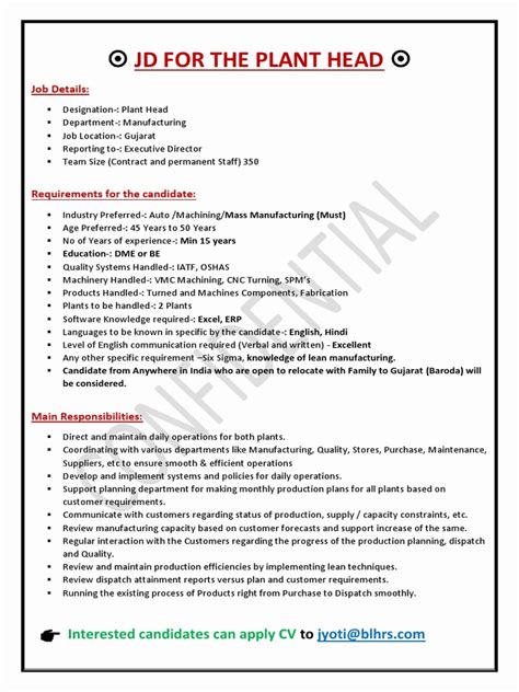 Jd For Plant Head Pdf