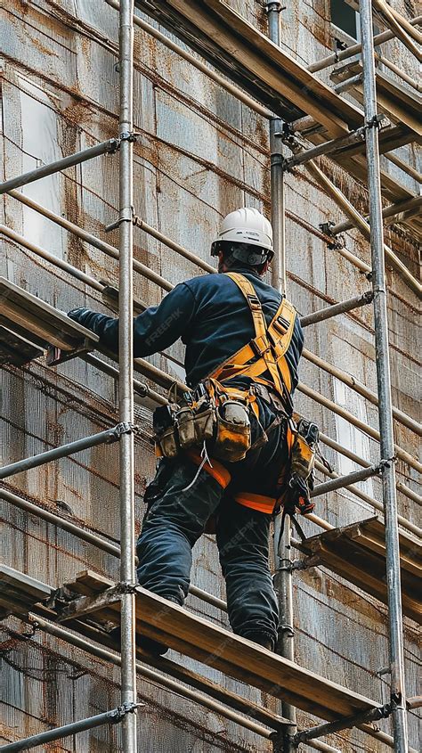 Construction Worker Assembling Scaffolding On Building Exterior