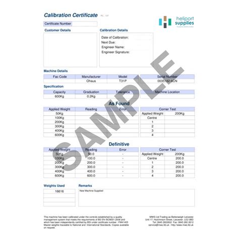 Traceable Certificate Of Calibration Iso 9001 2015 Heliport Supplies