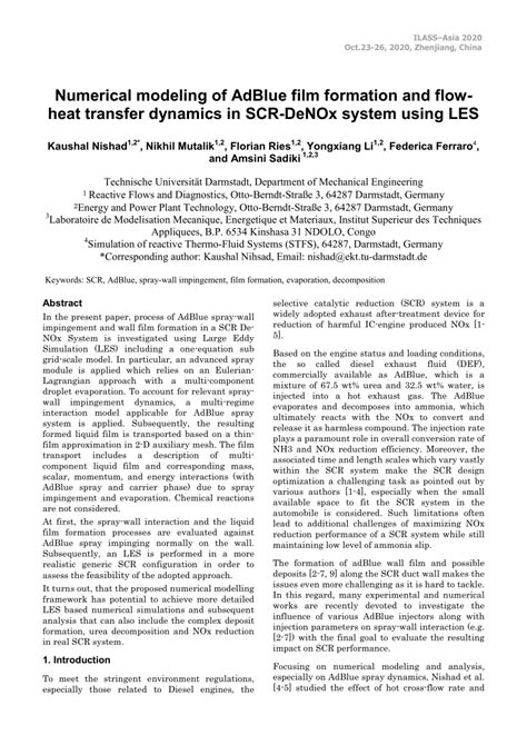 Pdf Numerical Modeling Of Adblue Film Formation And Flow Heat Transfer Dynamics In Scr Denox