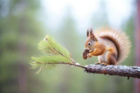Red Squirrel Nibbling Pine Cone On Tree Branch Stock Illustration