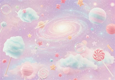 Whimsical Candy Galaxy With Cotton Candy Clouds And Lollipops In Pastel Skies Stock Image
