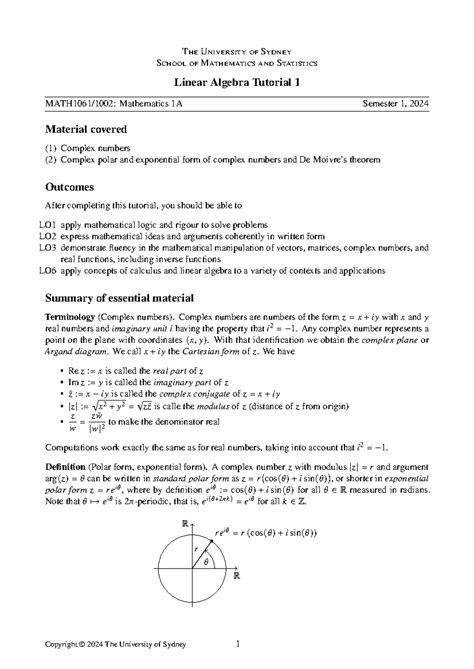 linear algebra tutorial 1 the university of sydney school of