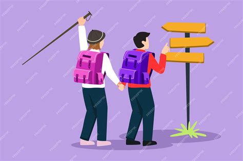 Premium Vector Cartoon Flat Style Drawing Back View Of Hikers Couple