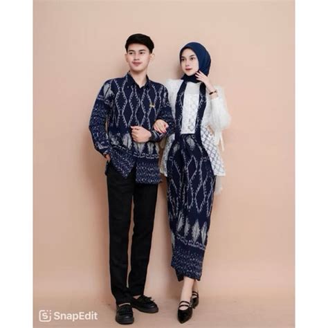 Jual Set Couple Puspa Navy Baju Couple Kondangan Kemeja Pria Full Tenun