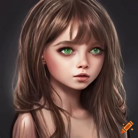A Girl With Dark Brown Fluffy Hair And Emerald Green Eyes On Craiyon