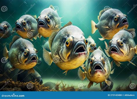 School Of Fish Consisting Of Aggressive Predatory Piranhas In River