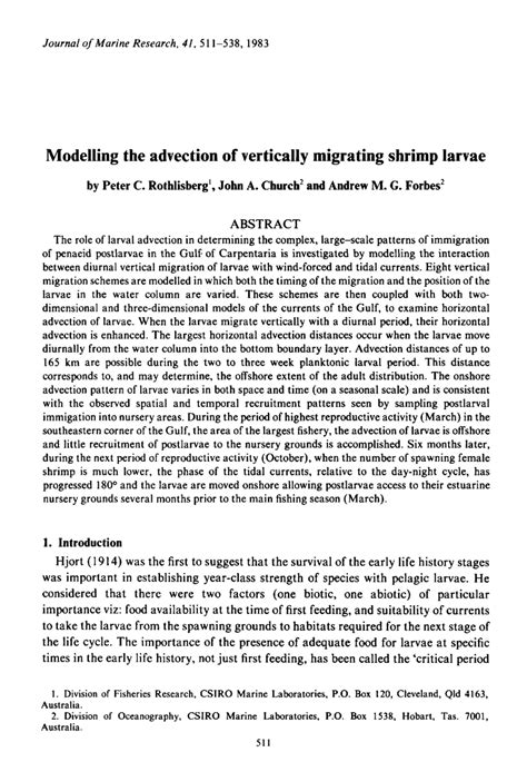 Pdf Modelling The Advection Of Vertically Migrating Shrimp Larvae
