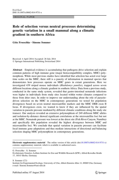 Pdf Role Of Selection Versus Neutral Processes Determining Genetic