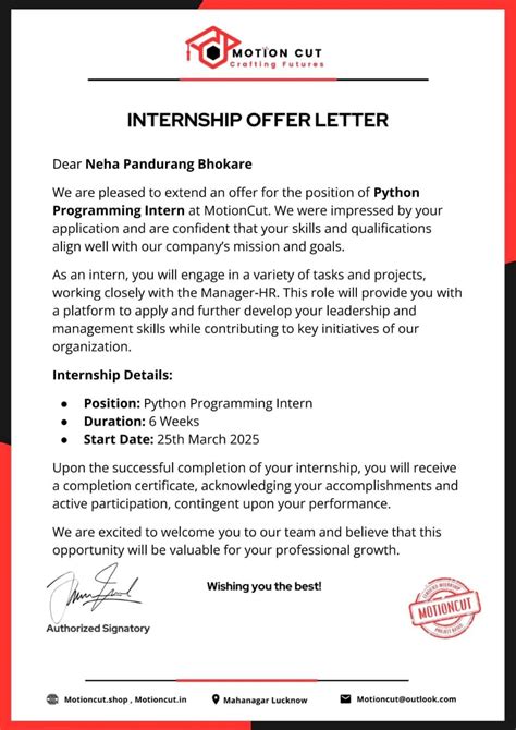 Internshipjourney Pythonprogramming Motioncut Grateful Neha Bhokare