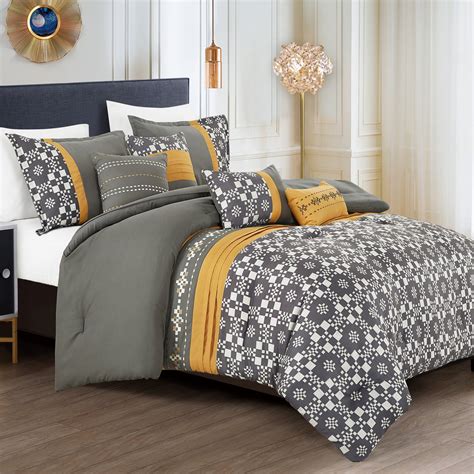 7 Pieces Kachina Grey And Yellow Comforter Set Gray Bedding Queen Size