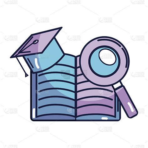 打开带毕业帽和放大镜的笔记本