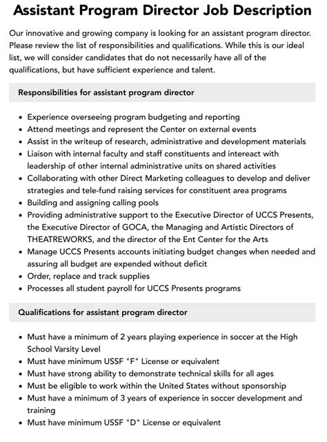 Assistant Program Director Job Description Velvet Jobs