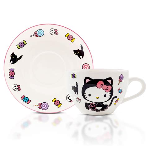 Sanrio Hello Kitty Black Cat Bone China Teacup And Saucer Set Holds 7