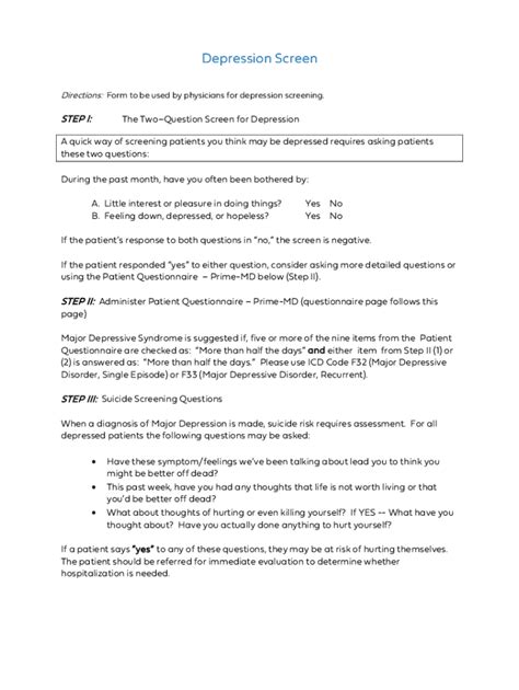 Fillable Online Depression Screen Fax Email Print Pdffiller