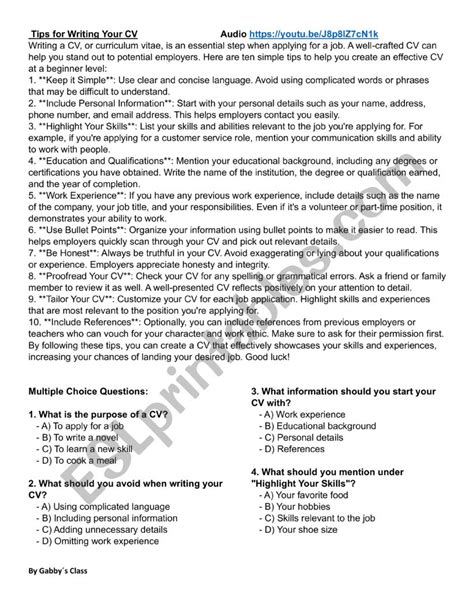 Tips For Writing Your Resume Esl Worksheet By Gabrielarguedas