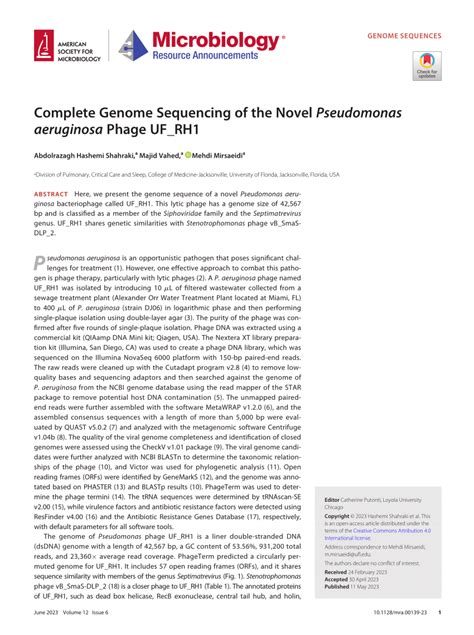 Pdf Complete Genome Sequencing Of The Novel Pseudomonas Aeruginosa Phage Ufrh1