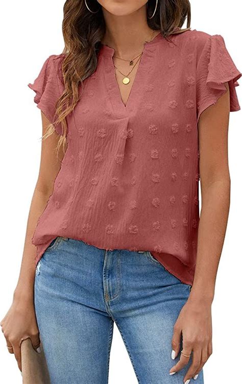 Blooming Jelly Womens White Blouse V Neck Ruffle Sleeve Flowy Shirts