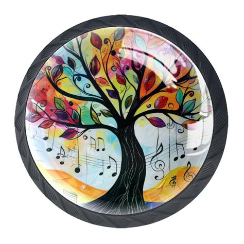 4 Pack Black Drawer Knobs Music Notes Tree Cabinet Knobs Round Glass Knobs For Kitchen Cabinet