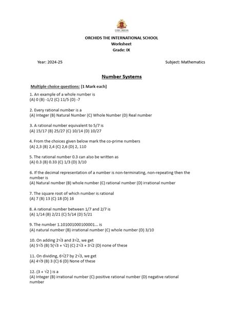 Grade Ix Maths Worksheet 1 Pdf Numbers Rational Number