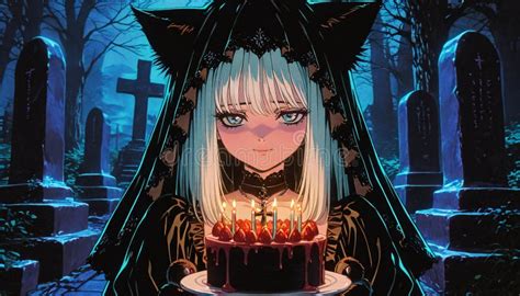 Dark Fantasy Anime Girl With Cake In Spooky Graveyard Stock