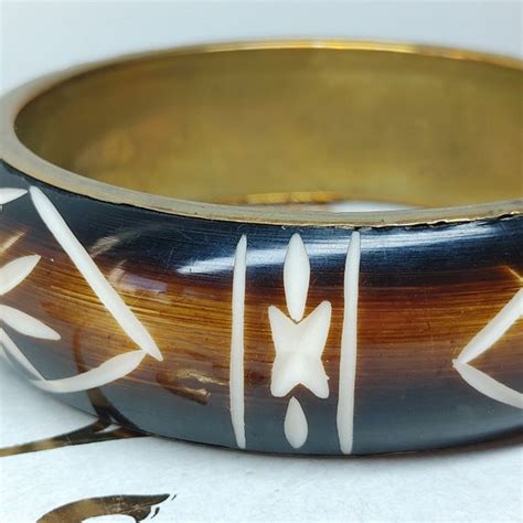 Vintage Wide Brass Bangle 1970s Carved Laquer Faux Gem